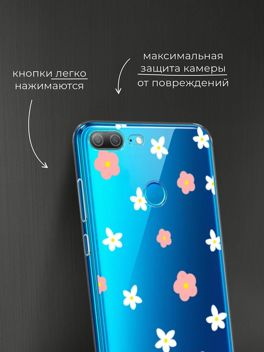 Чехол на Honor 9 Lite / Хонор 9 Лайт с принтом "Розовые и белые цветы", прозрачный — фото 1