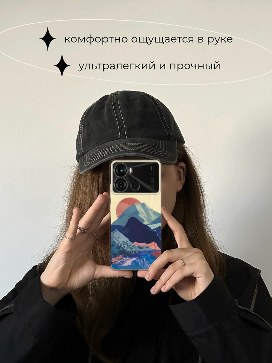 Чехол на Itel P40 / Ител P40 с принтом "Закат в снежных горах", прозрачный — фото 1