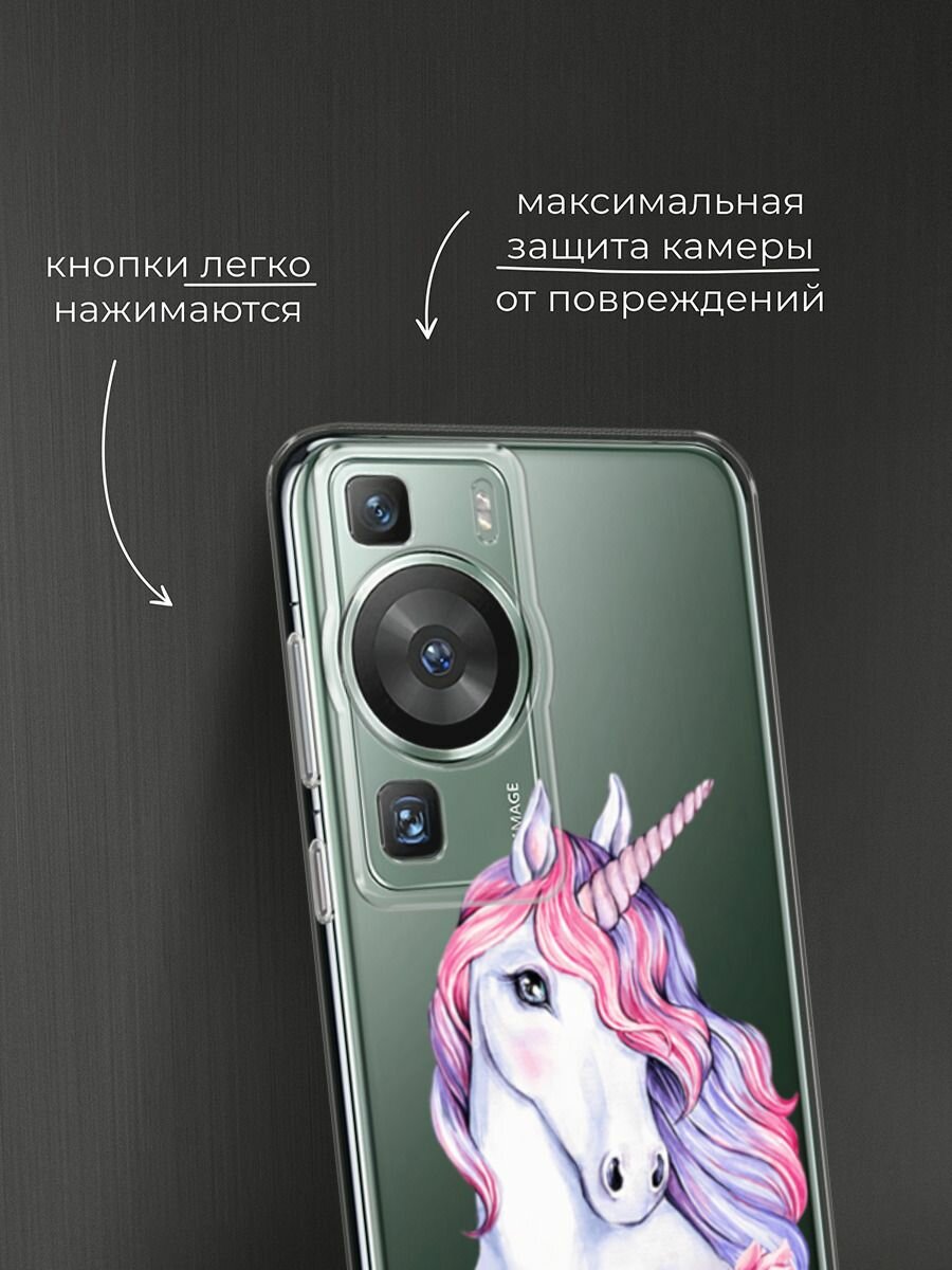 Чехол на Huawei P60/P60 Pro / Хуавей P60/P60 Про с принтом "Единорог с пионами", прозрачный — фото 1