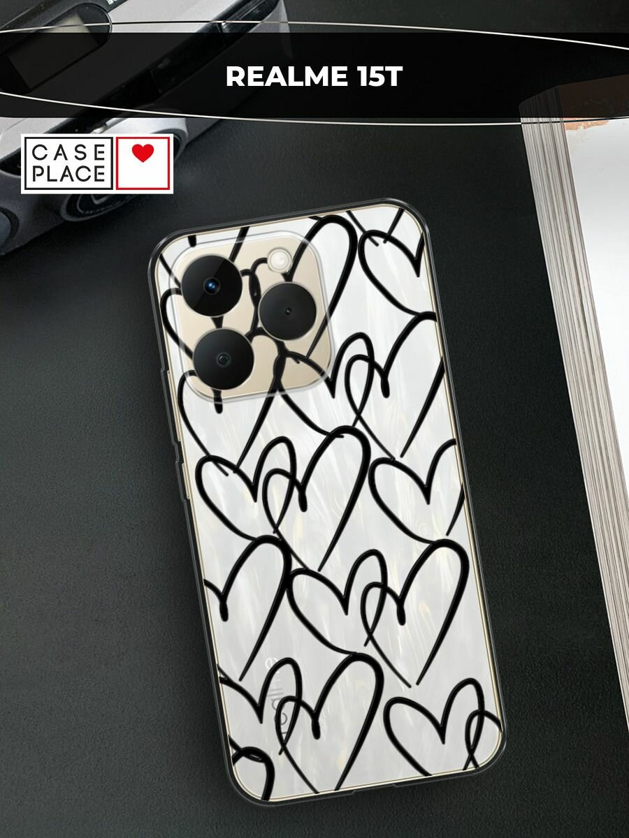 Чехол на Realme 15T / Реалми 15Т с принтом "Hearts doodle black 1"