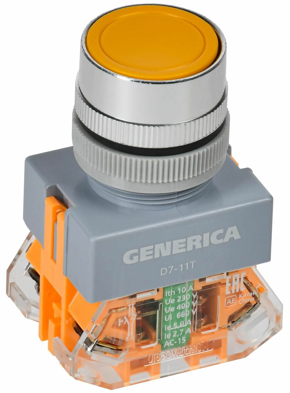 Кнопочный пост IEK GENERICA, D7-11T, диаметр 22 мм, 1 замыкающий, 1 размыкающий контакт, с фиксацией, желтый
