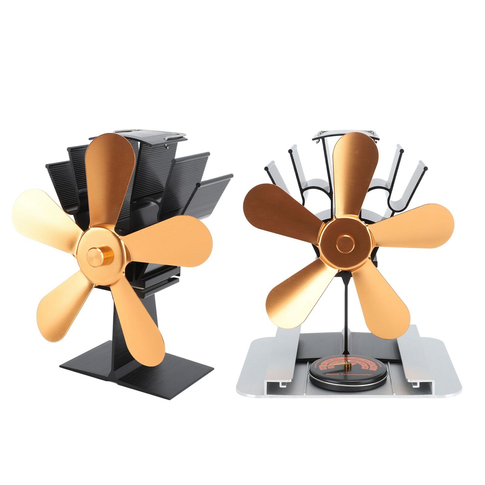 Вентилятор для дровяной печи с 5 лопастями, бесшумная работа, вентилятор для камина с теплоизоляционной панелью, термометр, вертикальный I стиль, золото
