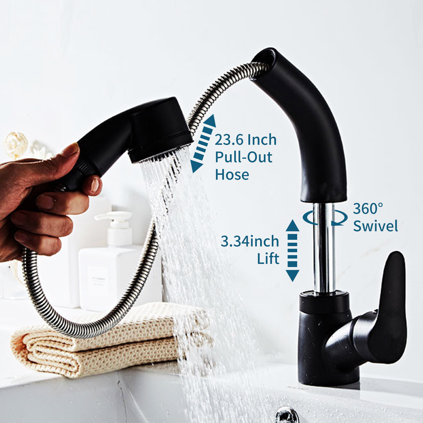 Смесители для кухни с подъемным механизмом и двумя режимами струи, поворотные на 360°, смесители для раковины в ванной, выдвижной распылитель, керамический клапан, латунный кран с одной ручкой