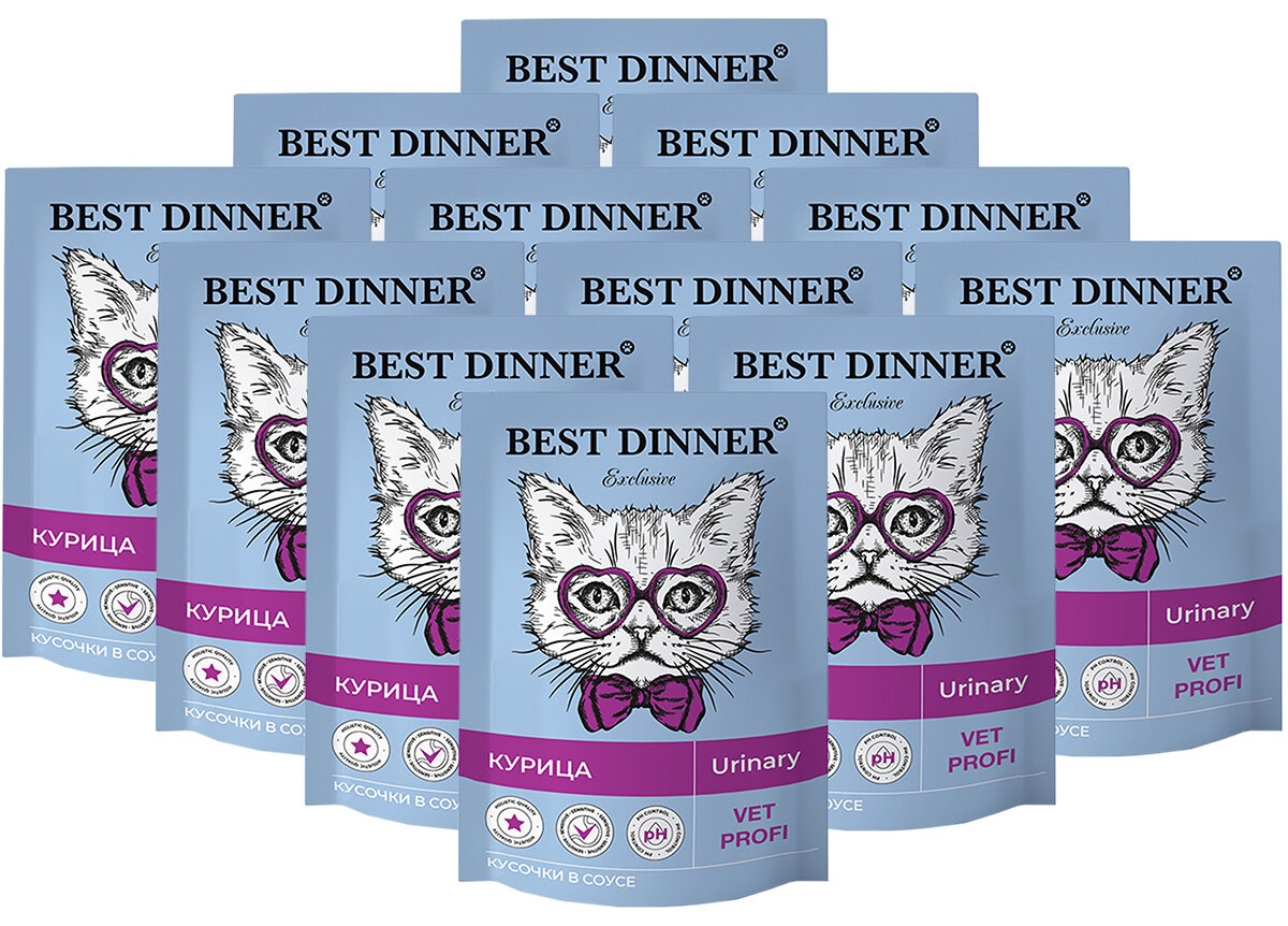 Корм влажный Best Dinner Exclusive Vet Profi Urinary для взрослых кошек при мочекаменной болезни с курицей пауч кусочки в соусе, 85 г х 12 шт