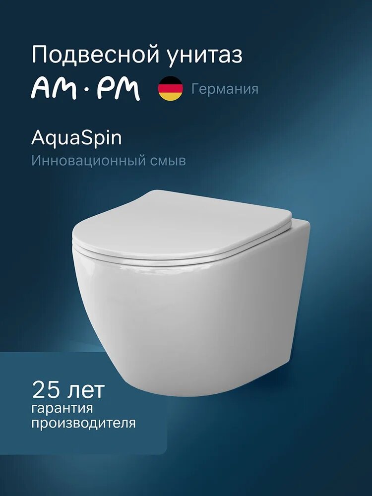 Унитаз подвесной AM.PM Like C801900SC с микролифтом, безободковый, овальный, без бачка, фарфоровый, антивсплеск, белый