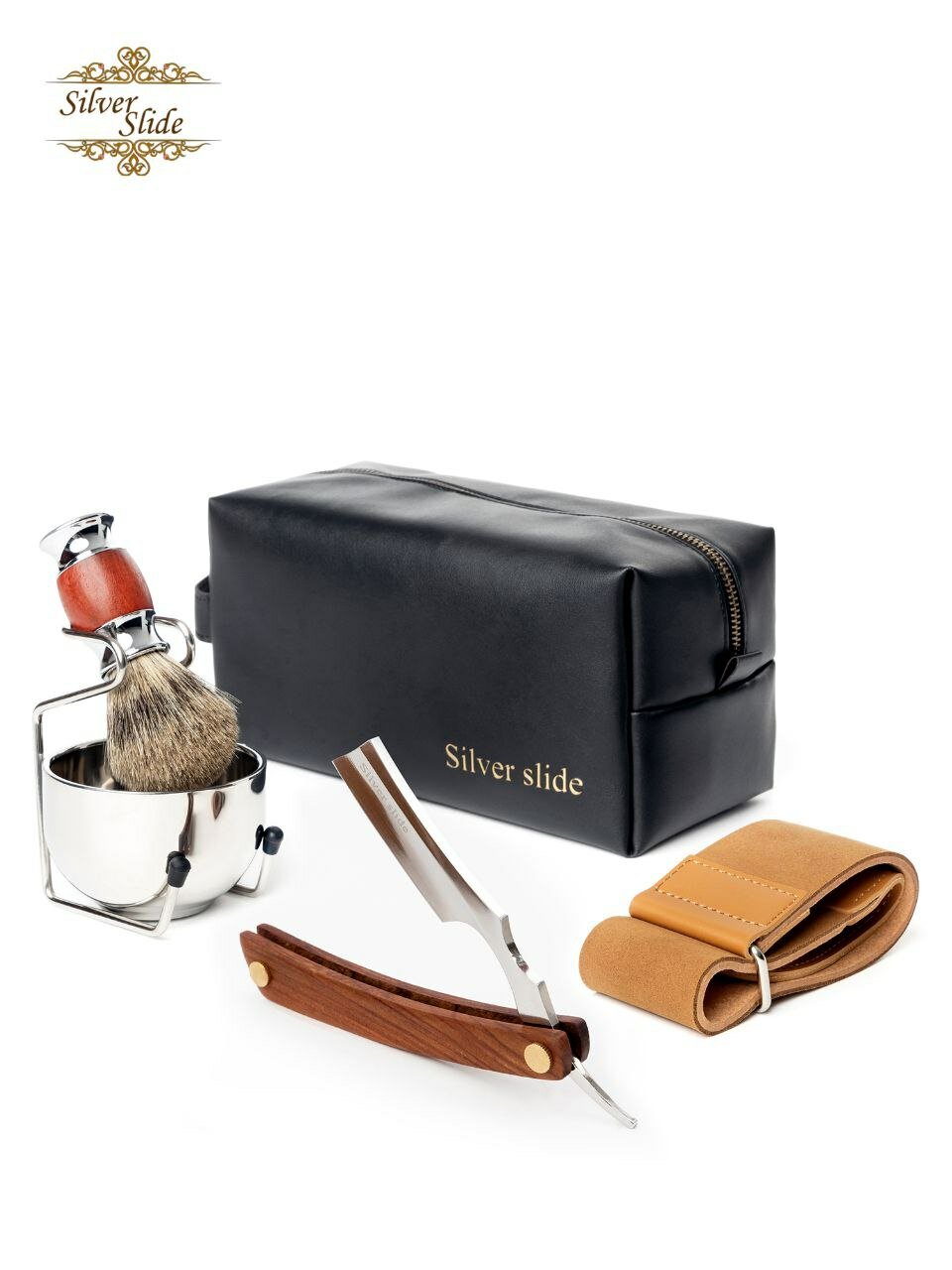 Набор опасная бритва Silver Slide, сталь 440С, ремень для правки, подставка для помазка, несессер