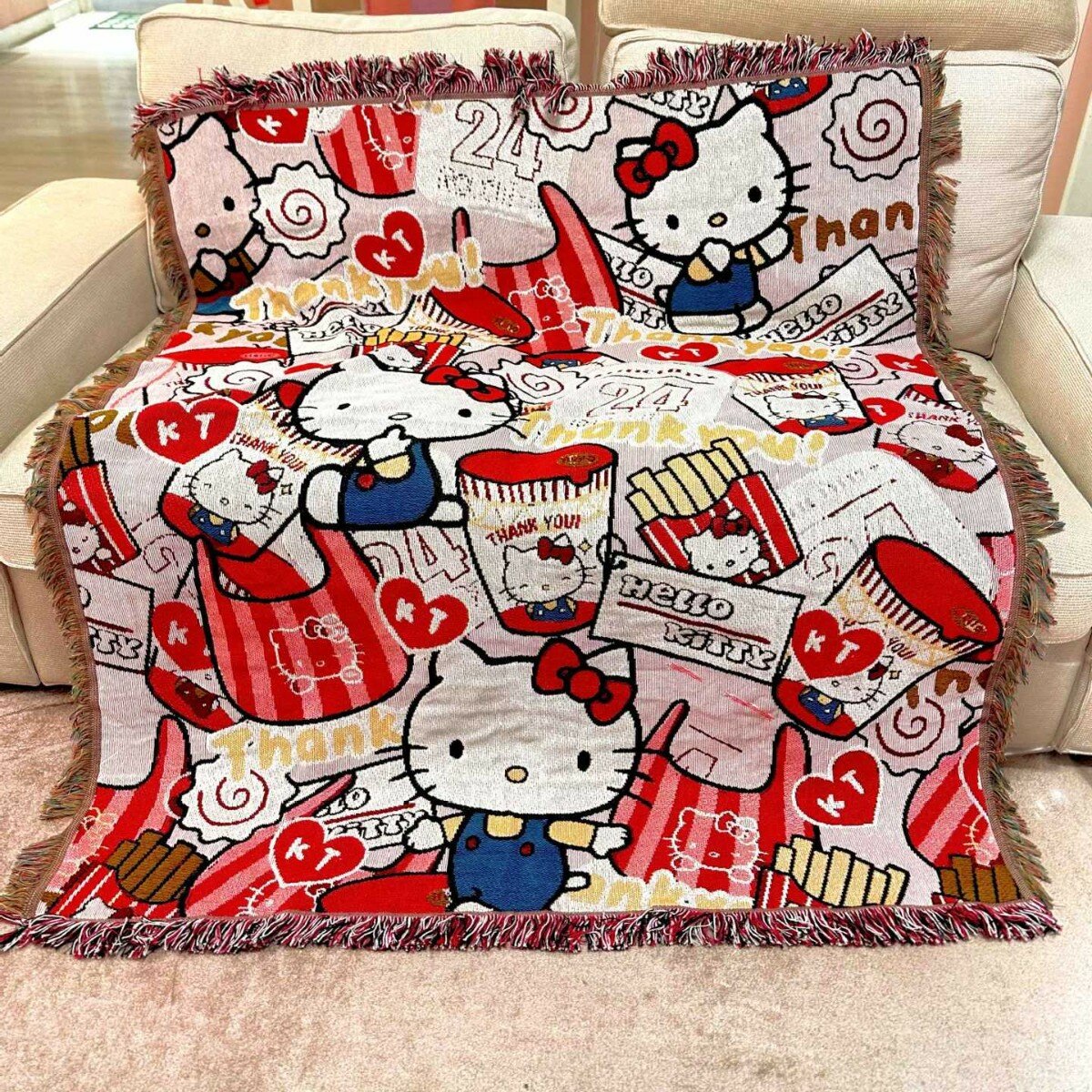 Плед "Пляжный", 130x160см, вязаный, с бахромой, Hello Kitty одеяло