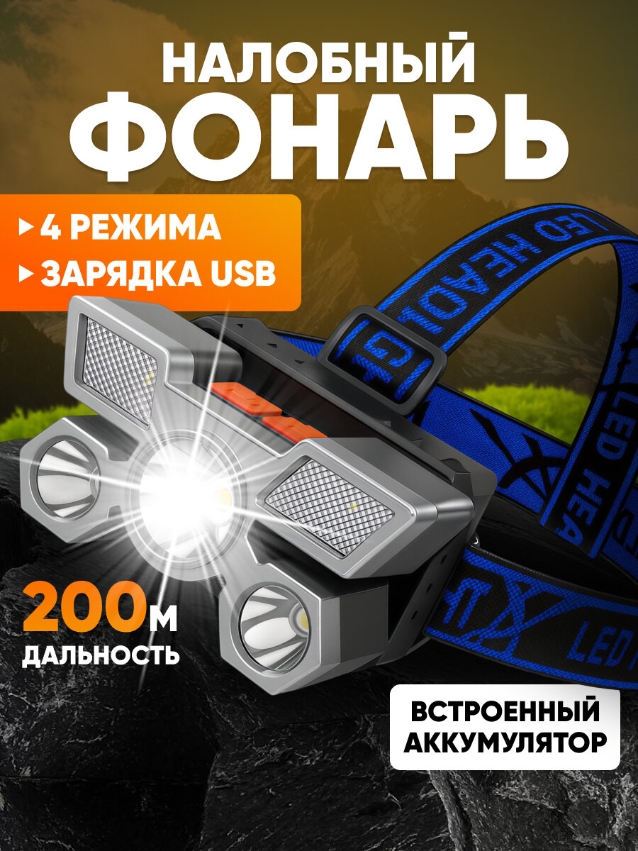Фонарь налобный 4 режима работы, дальность освещения 200м, зарядка до 10 часов