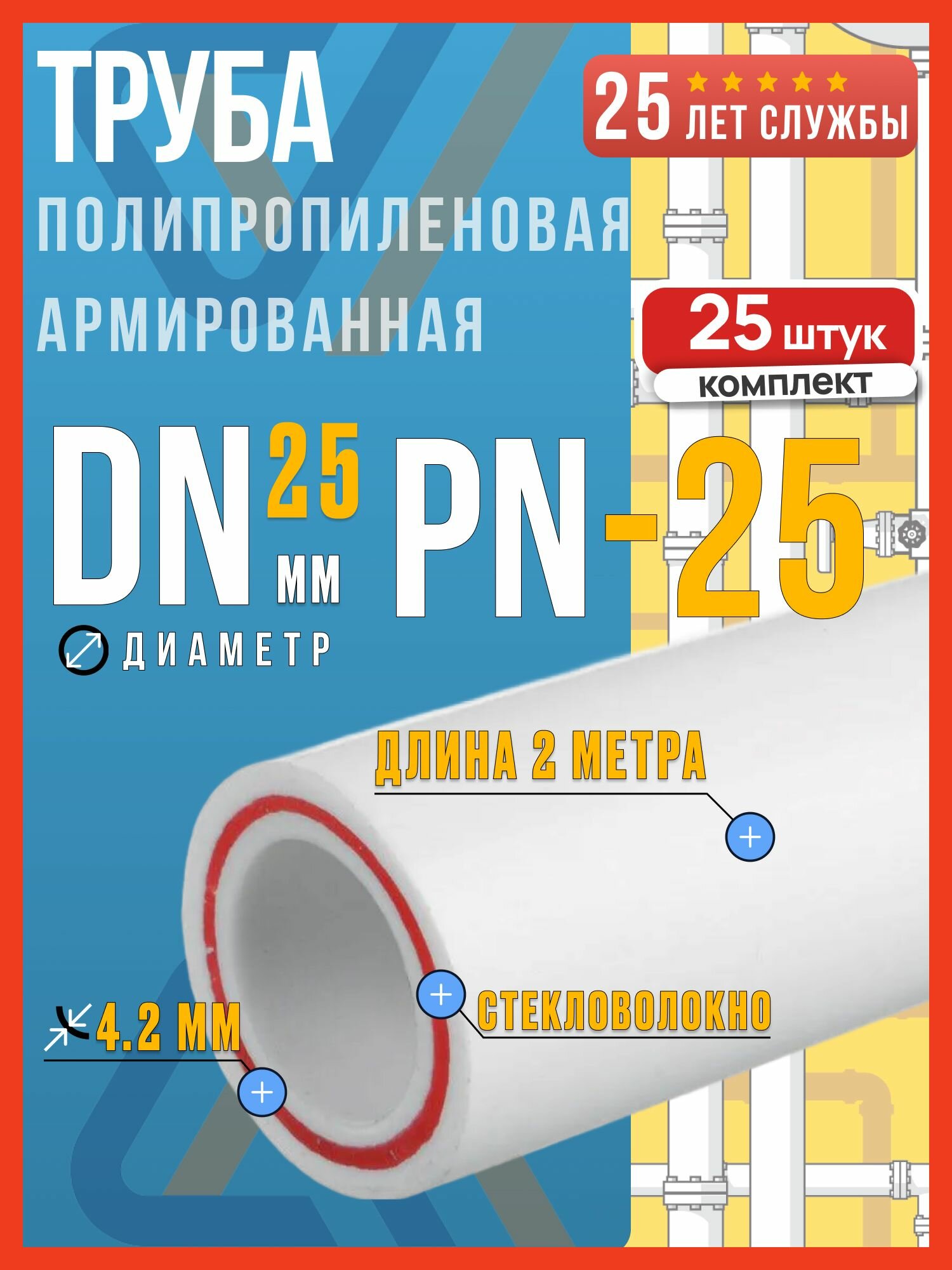 Труба полипропиленовая 25 армированная стекловолокном PN-20 (25x3,5), 2м Восток / труба ппр 25, 25 шт.