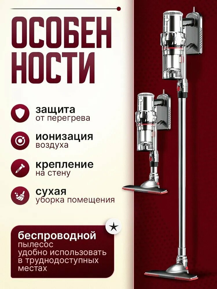 Мощный вертикальный пылесос для дома "tech4hom" 200 Вт, 3 насадки, беспроводной