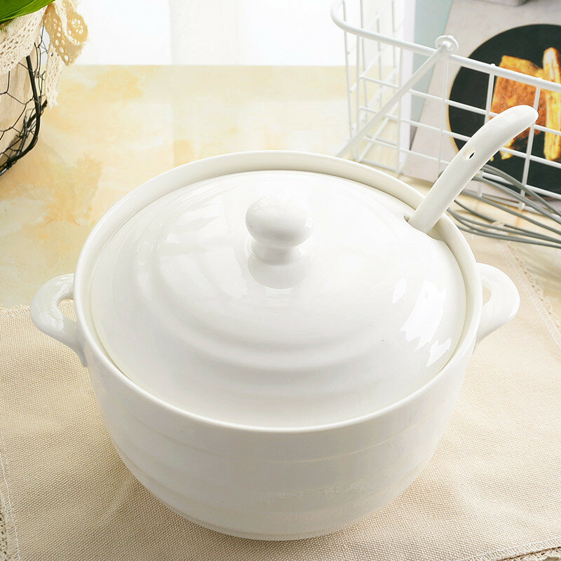 Домашняя керамическая суповая миска с двумя ушками и крышкой, креативная кастрюля для тушения, чисто белая, большая емкость, миска для риса, суповая миска, микроволновая печь, оптовая продажа