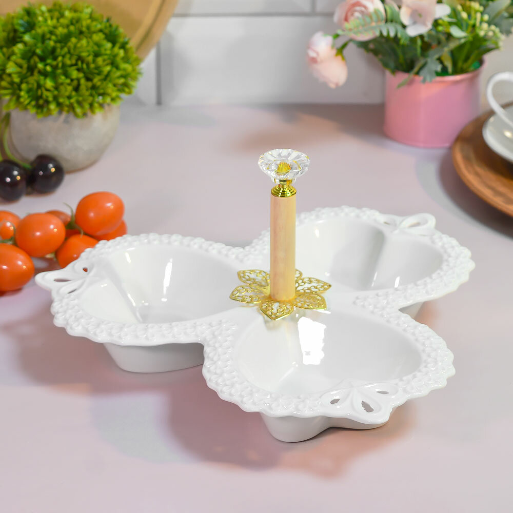 Менажница фарфоровая 3-секционная 25см, белая, серия "HoReCa", с ручкой, подарочная коробка