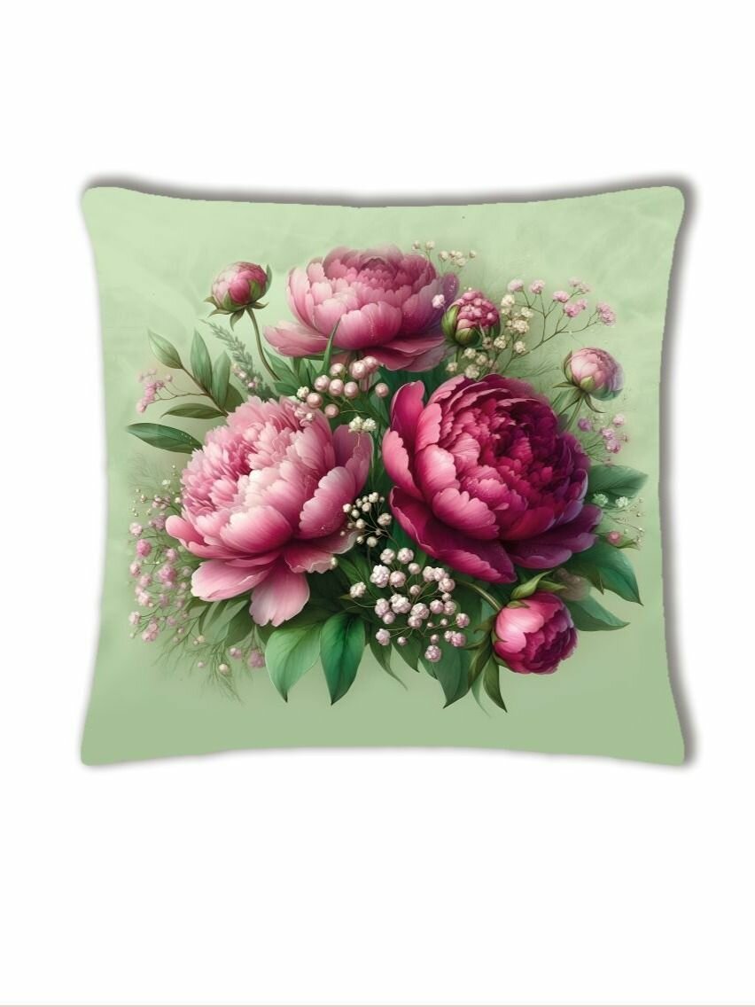 Чехол для подушки Пионы на оливковом фоне 40х40 велюр