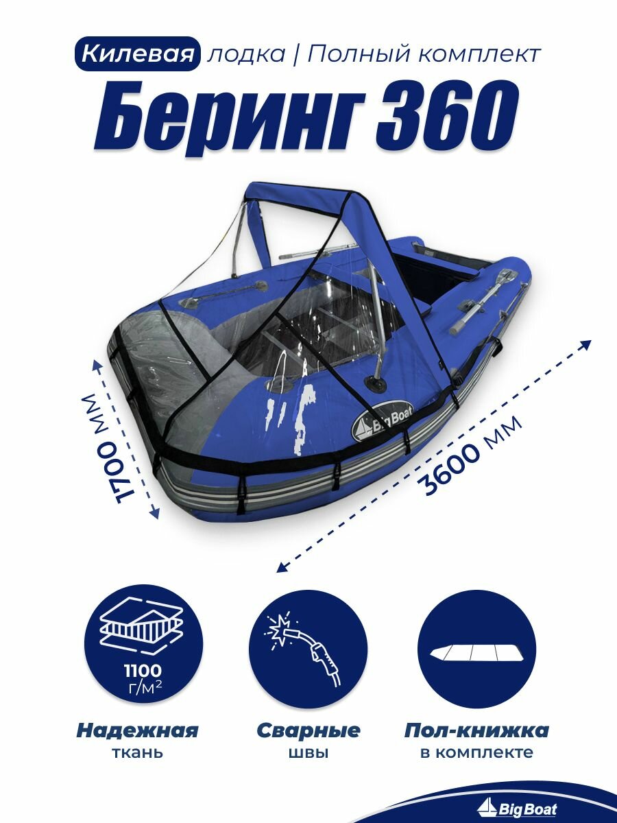 Надувная, под мотор, килевая лодка в полной комплектации (носовой тент, мягкие накладки) из ПВХ, Беринг 360к, пол-книжка