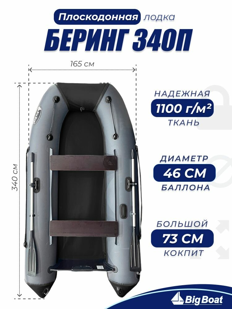 Надувная, под мотор, плоскодонная лодка из ПВХ для рыбалки Bering (Беринг) 340П