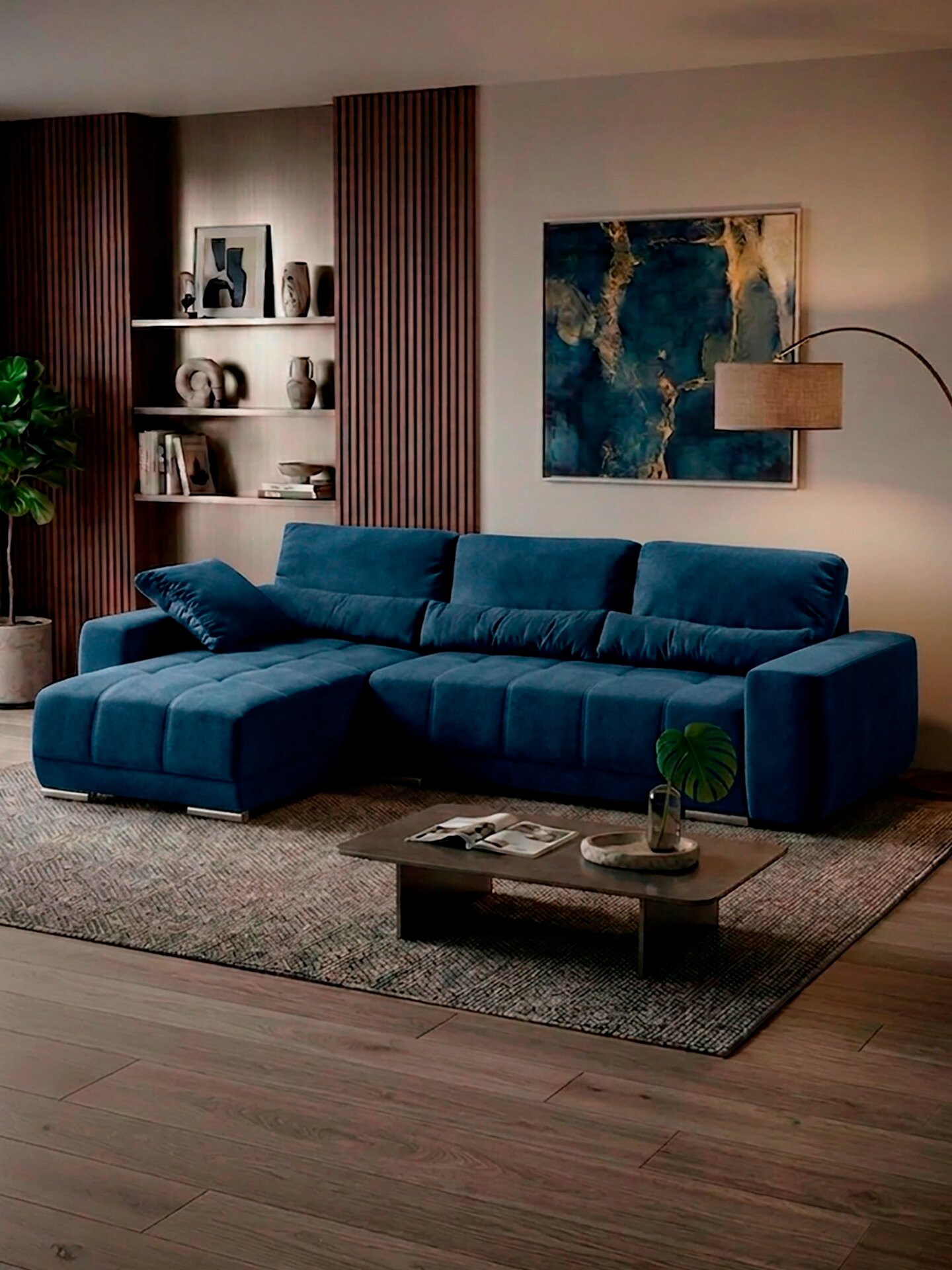 Диван с оттоманкой Наби Лайт Velutto 54 NEW 251x155x90 см, синий Велютто, еврокнижка GOODFORM