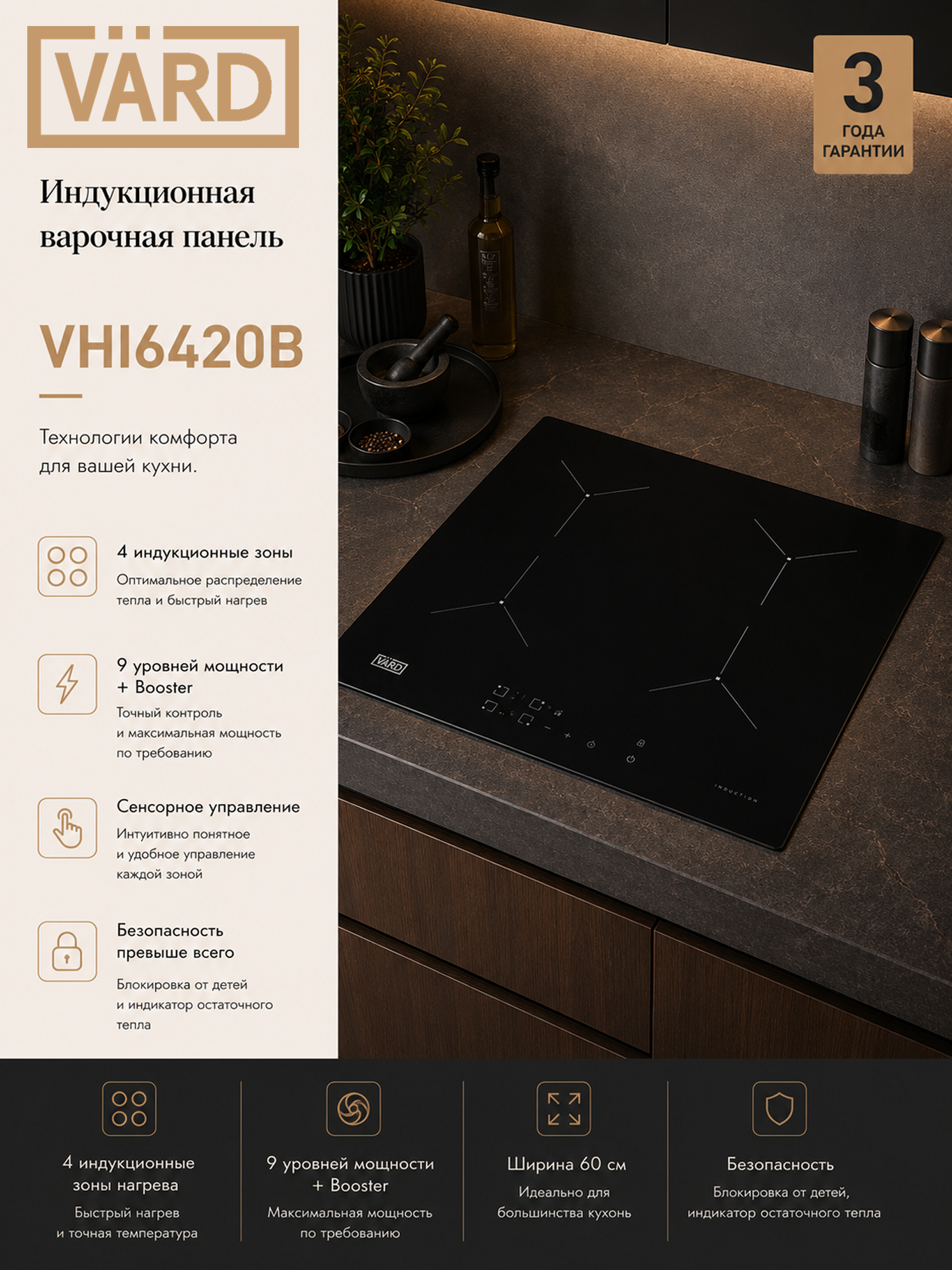 Индукционная варочная панель VARD VHI6420B / Варочная панель индукционная / Индукционная плита