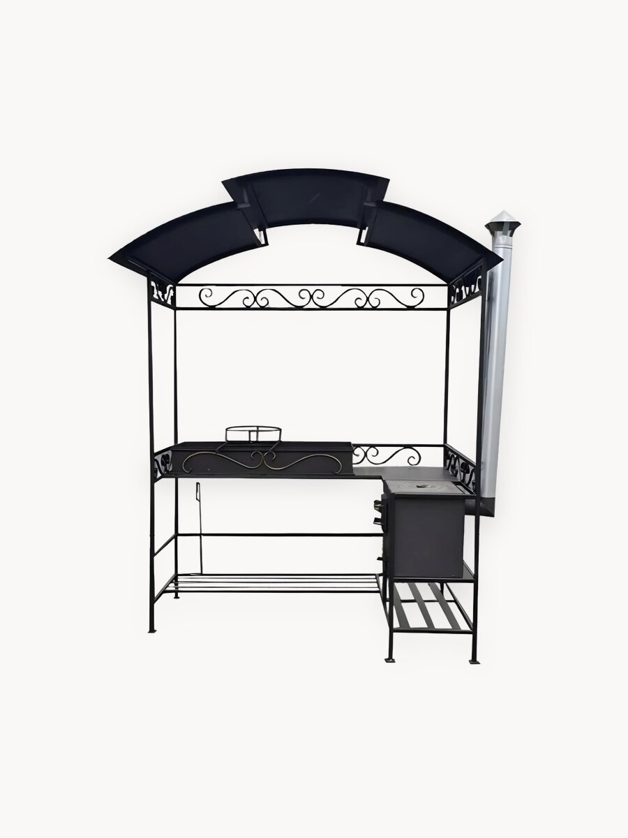Мангал «Уголок», сварной каркас и печь под казан, с крышей, 155x110x220 см, 4мм жаровня