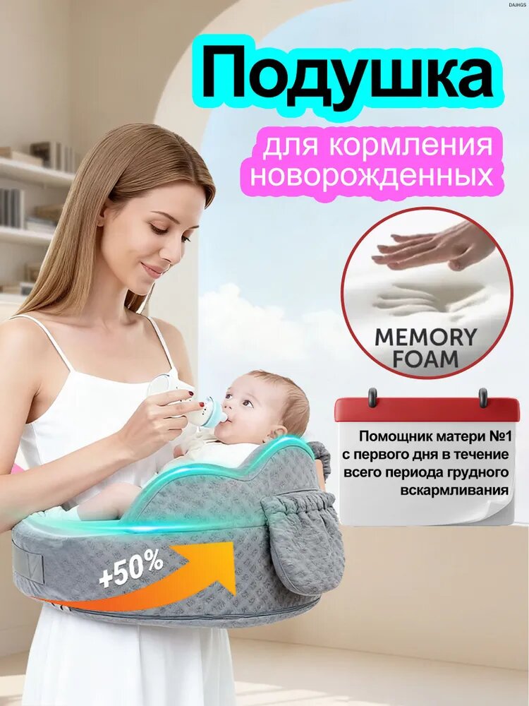 Подушка‑подставка для кормления новорожденных Memory Foam, усиленная опора +50%, с карманом, помощник для мамы