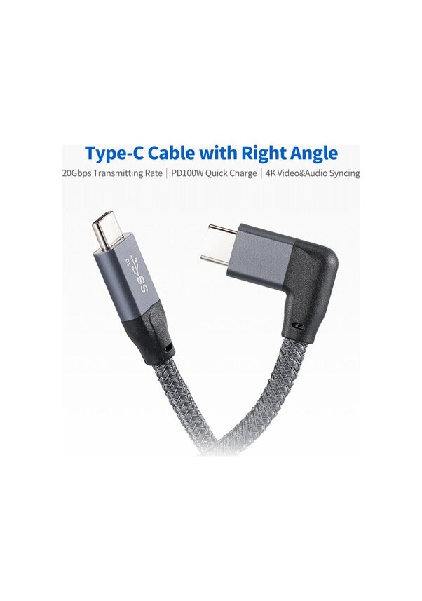 Серый угловой кабель USB-C 0,5 м (90 градусов) — быстрая зарядка PD100W, видео 4K и передача данных со скоростью 20 Гбит/с, совместимость с внешним диском Thunderbolt3 и USB3.2