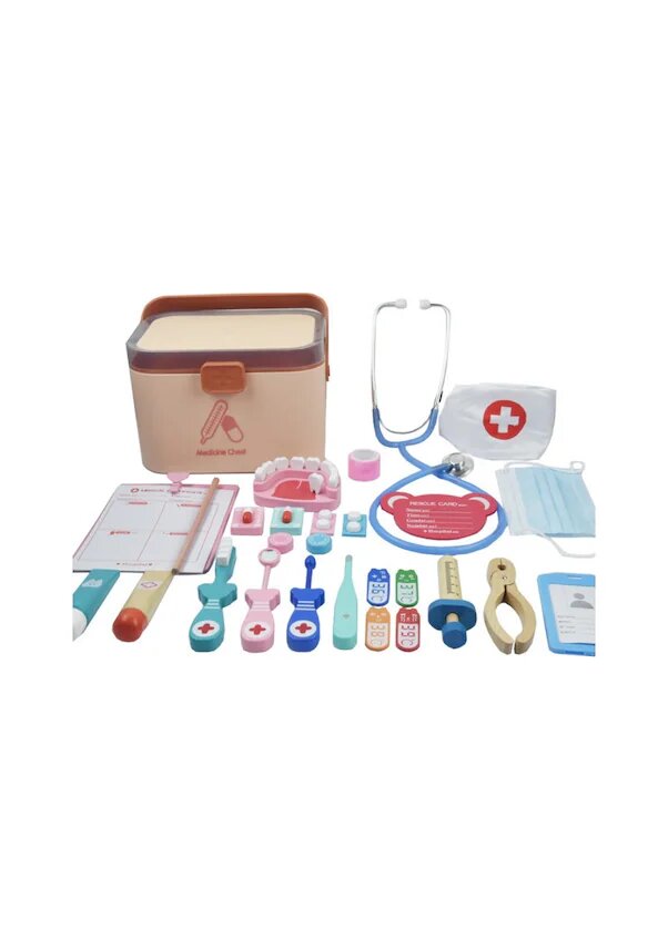 Детская деревянная игрушка-симулятор "Аптечка", цвет: розовый, 25 предметов