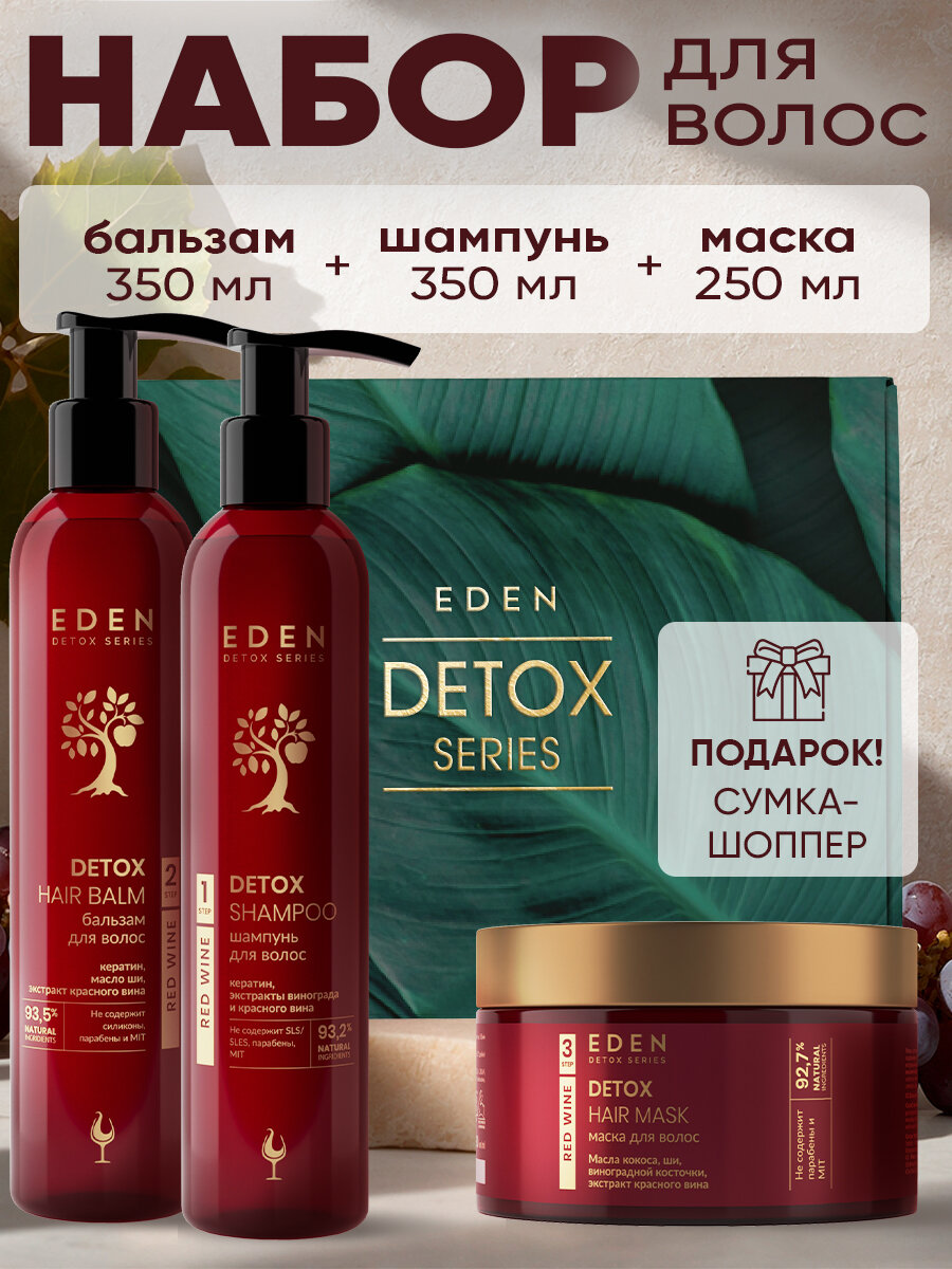 Набор подарочный для волос EDEN DETOX Red Wine шампунь, бальзам, маска