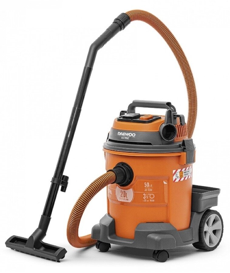 Промышленный пылесос Daewoo / Дэу DAVC 2014S с шлангом, сухая и влажная уборка, оранжевый, объем бака 20л, 415х370х505мм, 1400Вт / техника