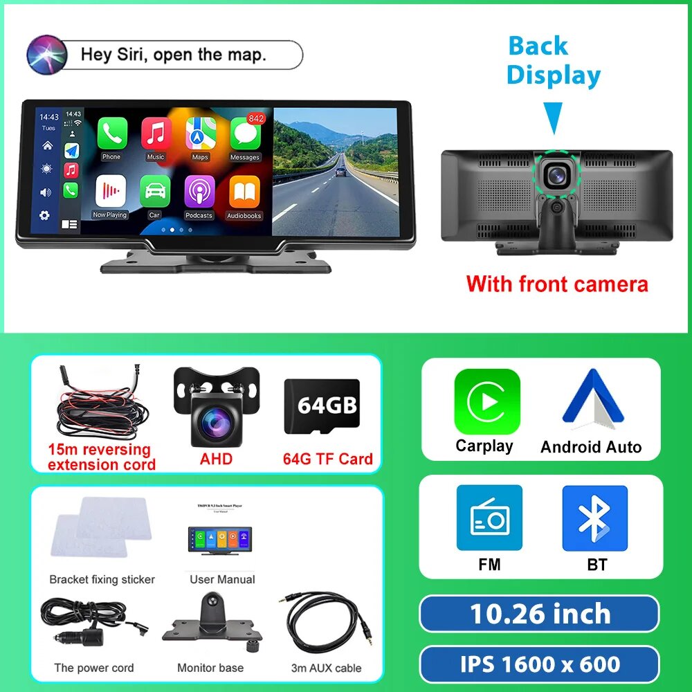 Автомобильный монитор Podofo, портативный беспроводной CarPlay-навигатор для автомобилей, экран 10,26 дюйма, универсальный сенсорный дисплей Androidauto, 64G Card AHD A