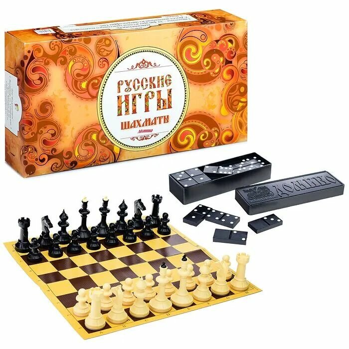 Русские игры (шахматы, домино, доска из микрогофры)
