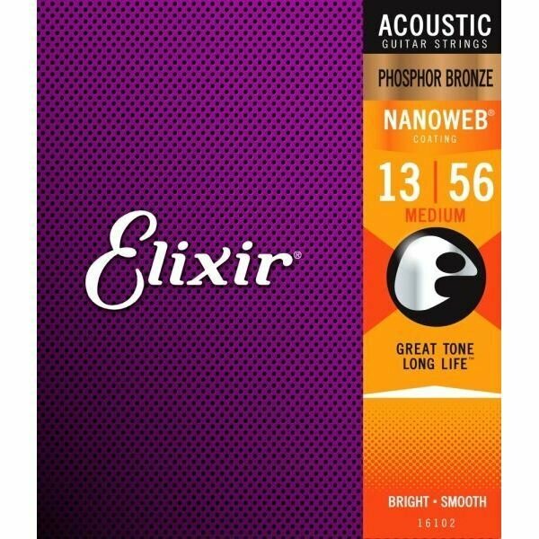 Струны для акустической гитары Elixir 16102 NanoWeb Medium 13-56, фосфор/бронза.