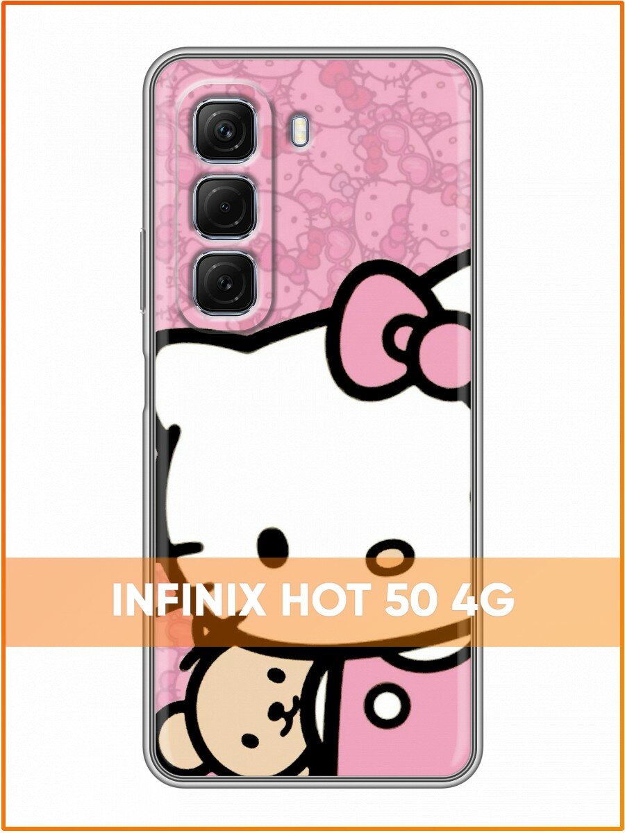 Чехол для Infinix Hot 50 4G с принтом для девочек с Хеллоу Китти с мишкой (Инфиникс Хот 50 4G)
