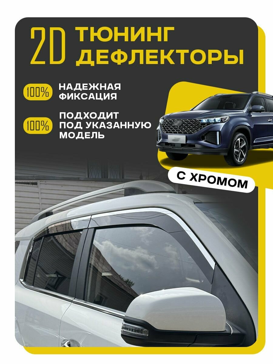Плоские тюнинг дефлекторы с хромом для окон Hyundai ix35 (2017-2023) 2 поколение / Ветровики на Хендай ix35 / 2d дефлекторы. Комплект 4 шт.
