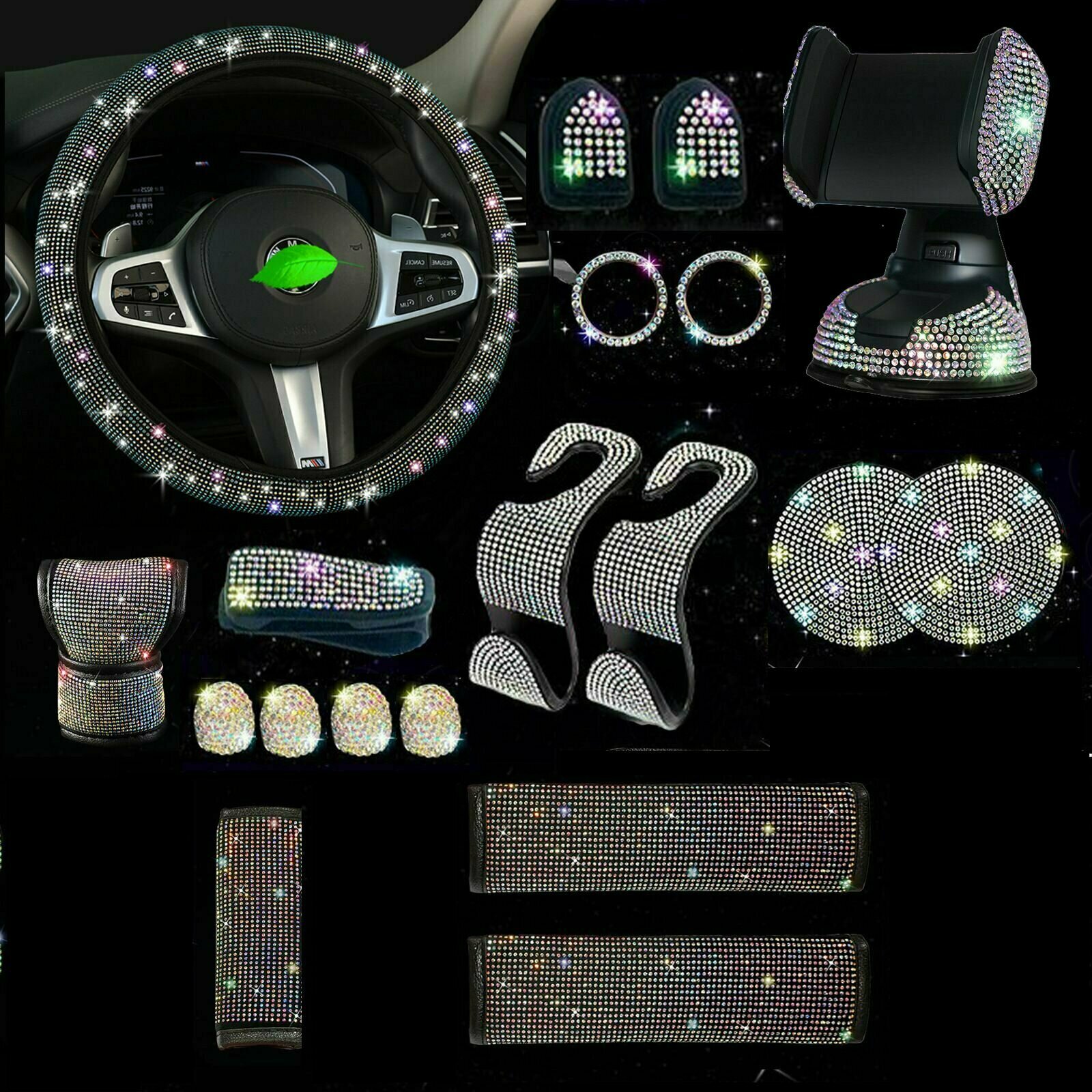 Оплетка на руль 38 см, чехол на руль автомобиля, Универсальный автомобильный набор со стразами,19 шт.