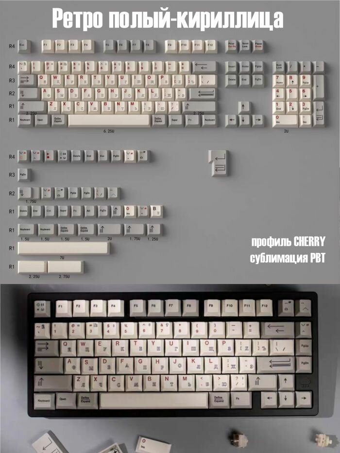 Кейкапы для механической клавиатуры PBT клавиши, тема<Ретро-полый>, кириллица, профиль CHERRY, Двойная гравировка пропускания света