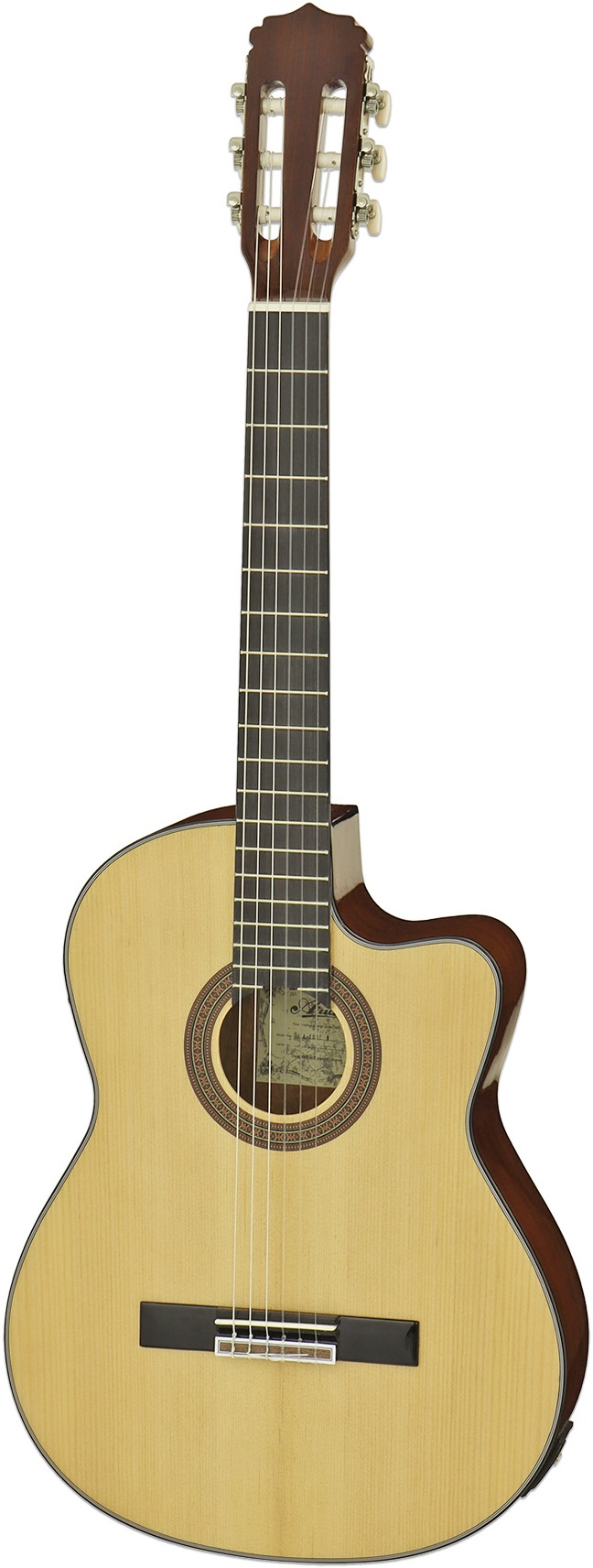 ARIA A-10CE N - электроакустическая классическая гитара с вырезом, верхняя дека: ель, задняя дека и обечайка: сапеле, гриф: нато, накладка: техвуд, преамп: Aria MG-30, цвет: глянцевый натуральный
