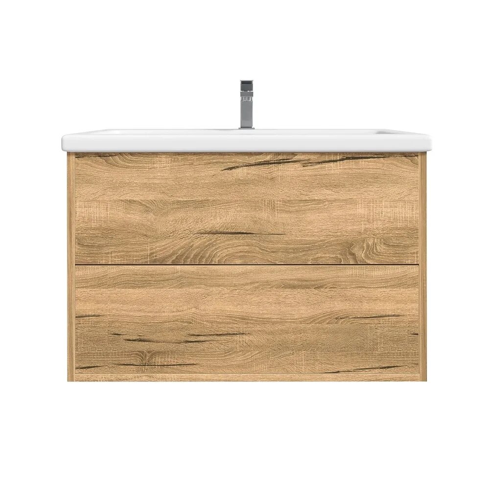 Тумба с раковиной SanStar Siva 70 подвесная, 71 см, светлое дерево, матовая, из МДФ, с ящиками, раковина для ванной, фарфоровая, прямоугольная, встроенный слив-перелив