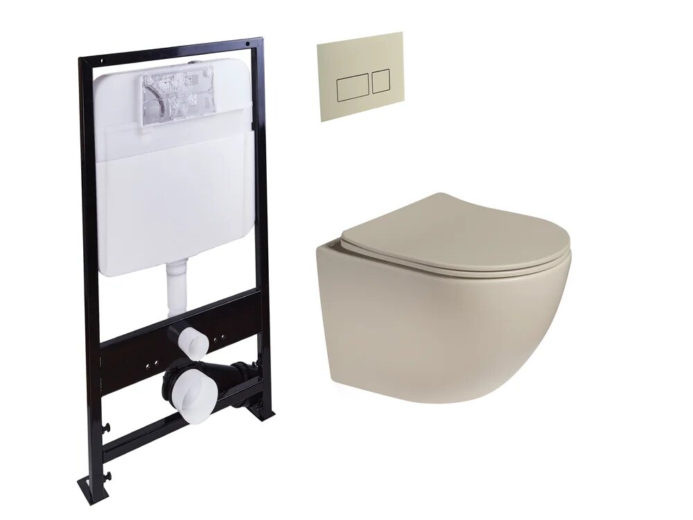 Комплект Унитаз подвесной SantiLine SL-5005T-BG безободковый, с микролифтом, система смыва Tornado, бежевый матовый / Инсталляция SantiLine SL-01 с кнопкой смыва бежевой матовой