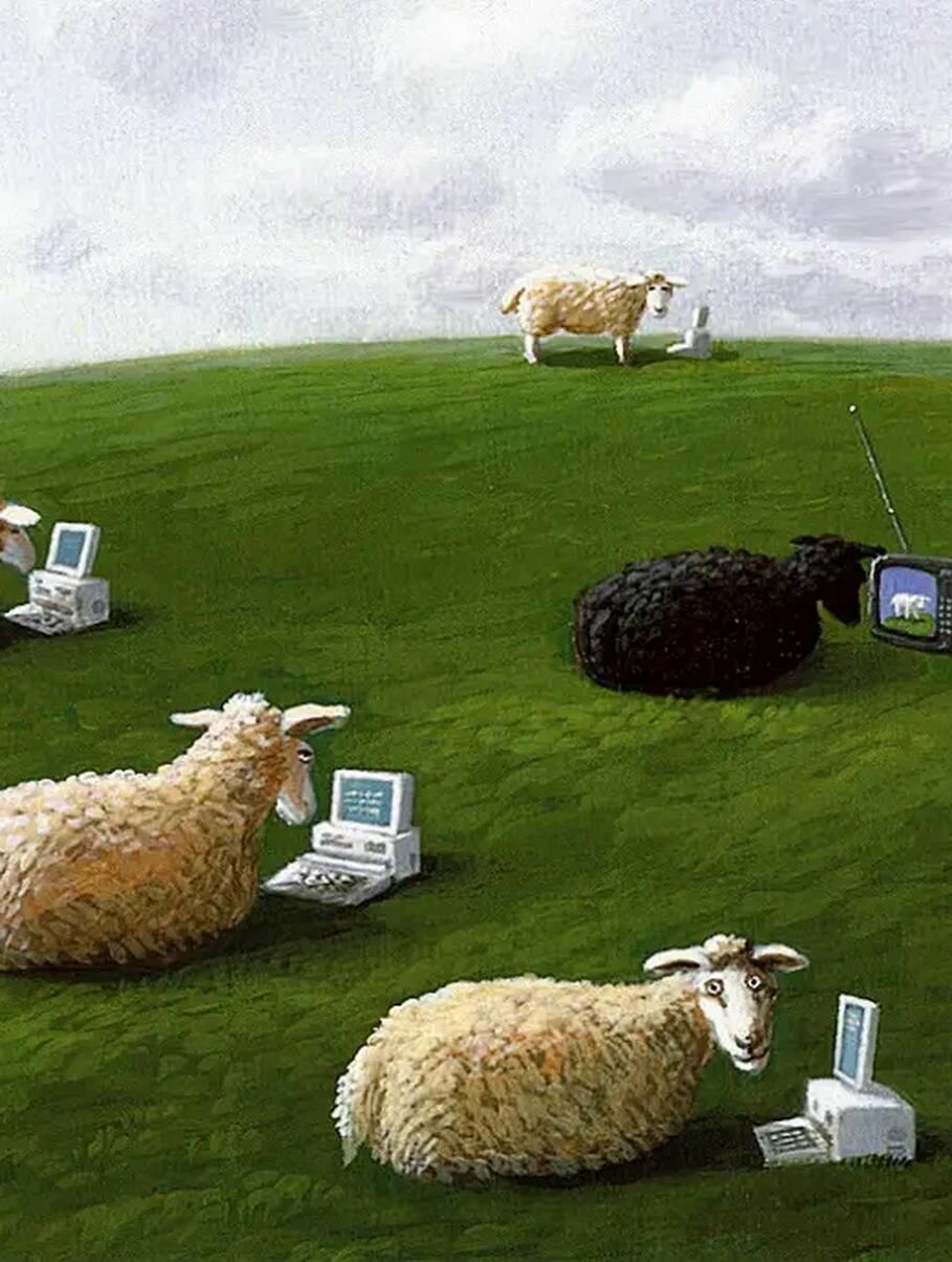 Плакат, постер Михаэль Сова Michael Sowa Овцы с ноутбуками на холсте, размер 21х30см