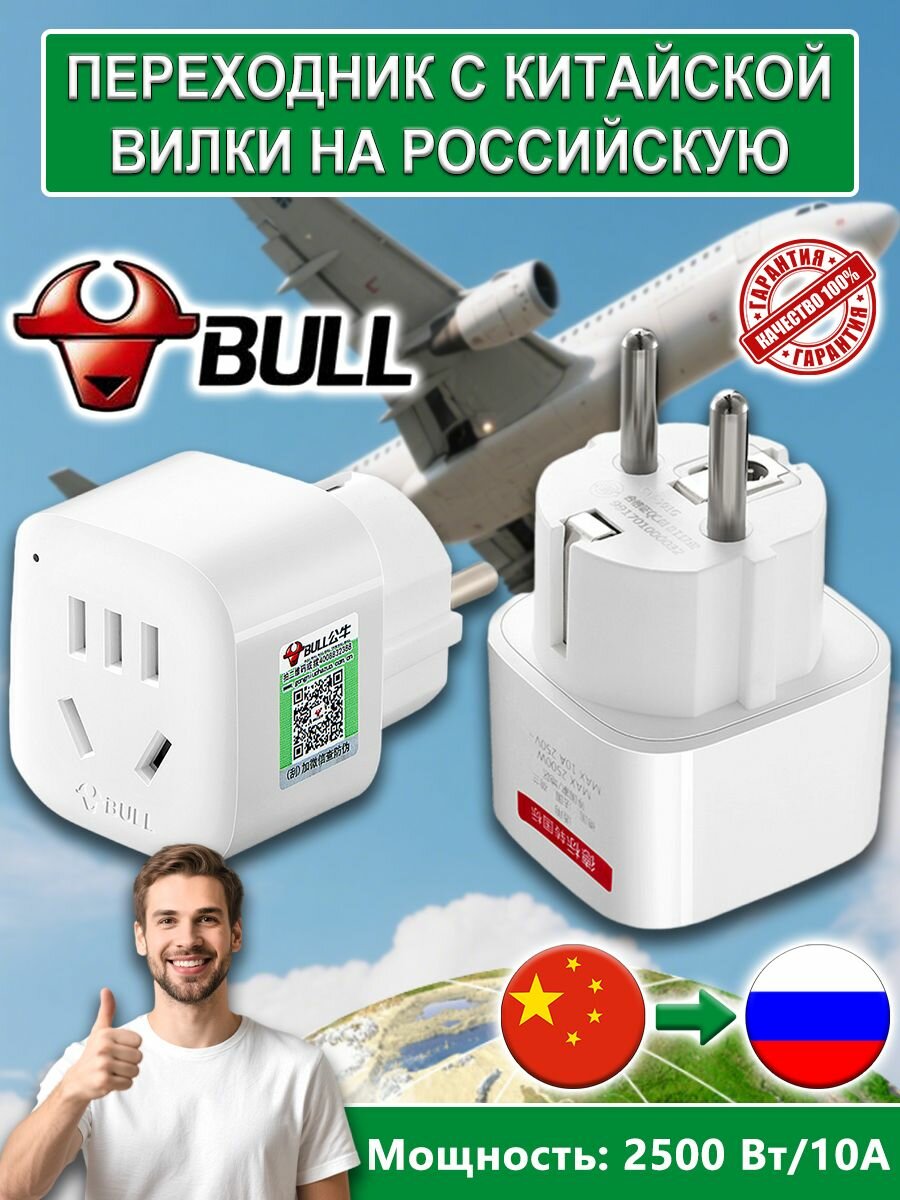Переходник с китайской вилки на российскую розетку Type F, компактный адаптер для путешествий и дома, безопасный однопортовый преобразователь Bull