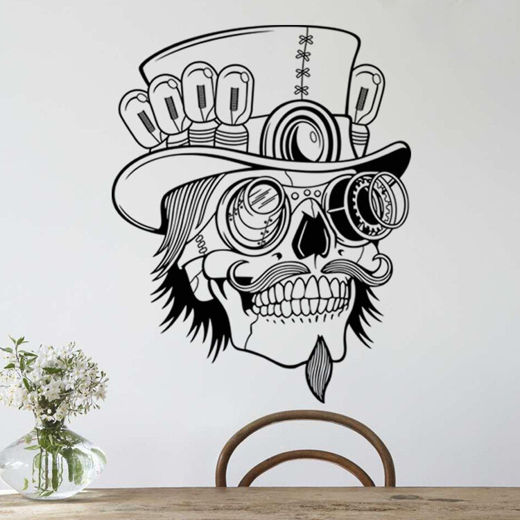 Наклейки на стену в стиле стимпанк-череп, креативные обои в готическом стиле, череп в шляпе и очках, самоклеящиеся съемные наклейки из ПВХ для гостиной, спальни, бара, офиса, ретро-декор