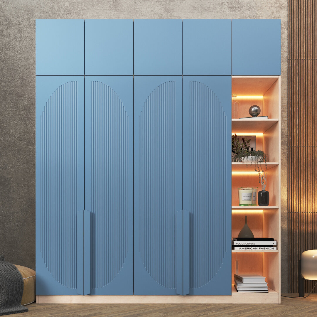 Шкаф Агератум МДФ четырехсекционный с антресолью и стеллажом Сапфир структурный (0,3) G4018-62A матовая - Дуб молочный 8622 NEW 220*60*220 см Дом мебели для вас