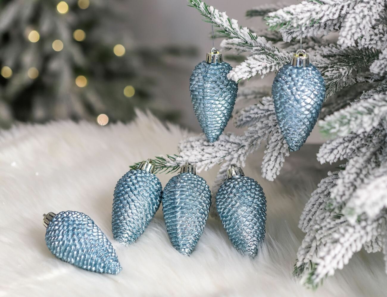 Набор шишки еловые, голубой, пластик, 8 см, 6 шт, Kaemingk 028662