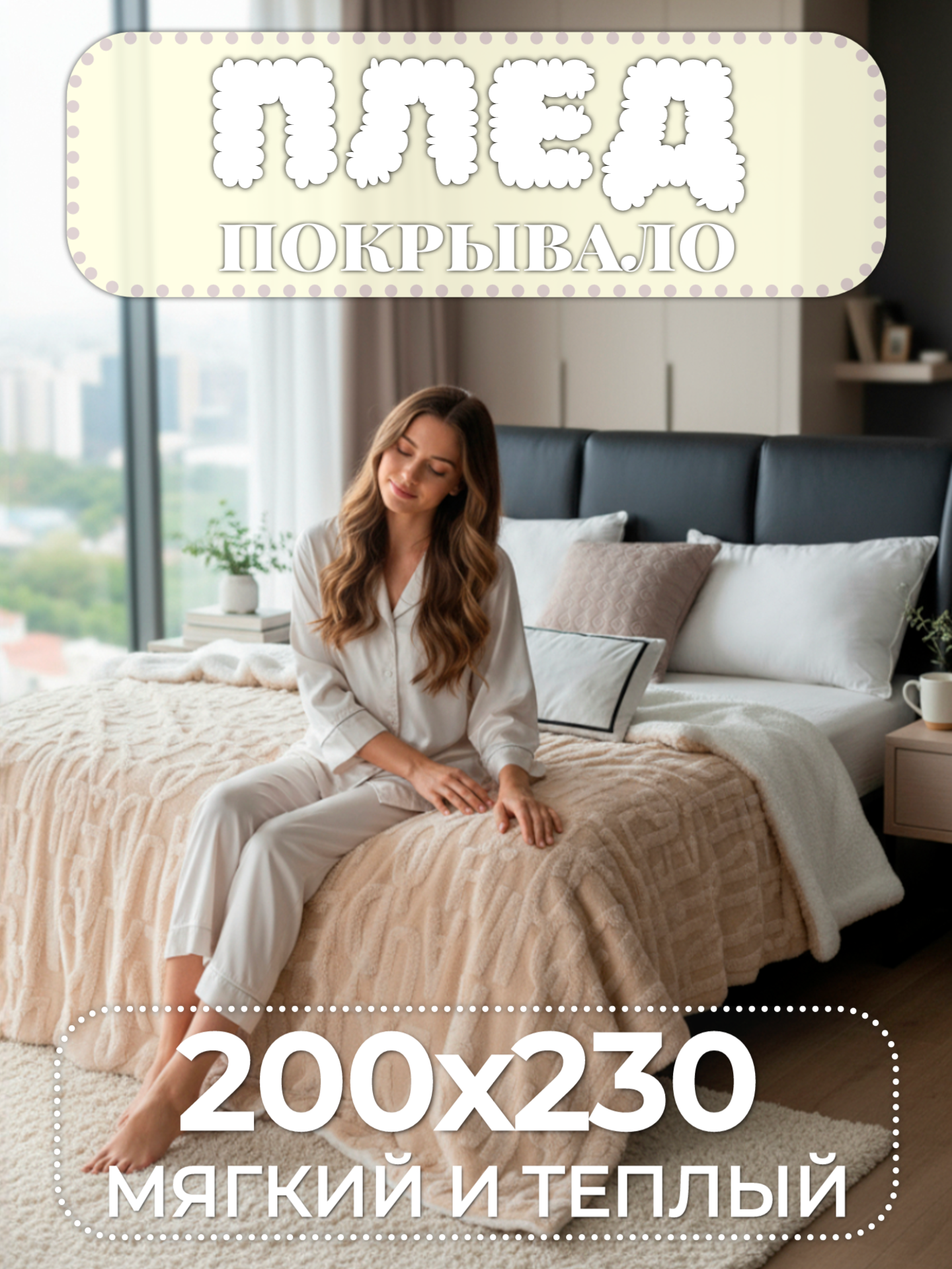 Плед покрывало 200х230 на кровать, на диван, бамбуковый, Domiro кремовый