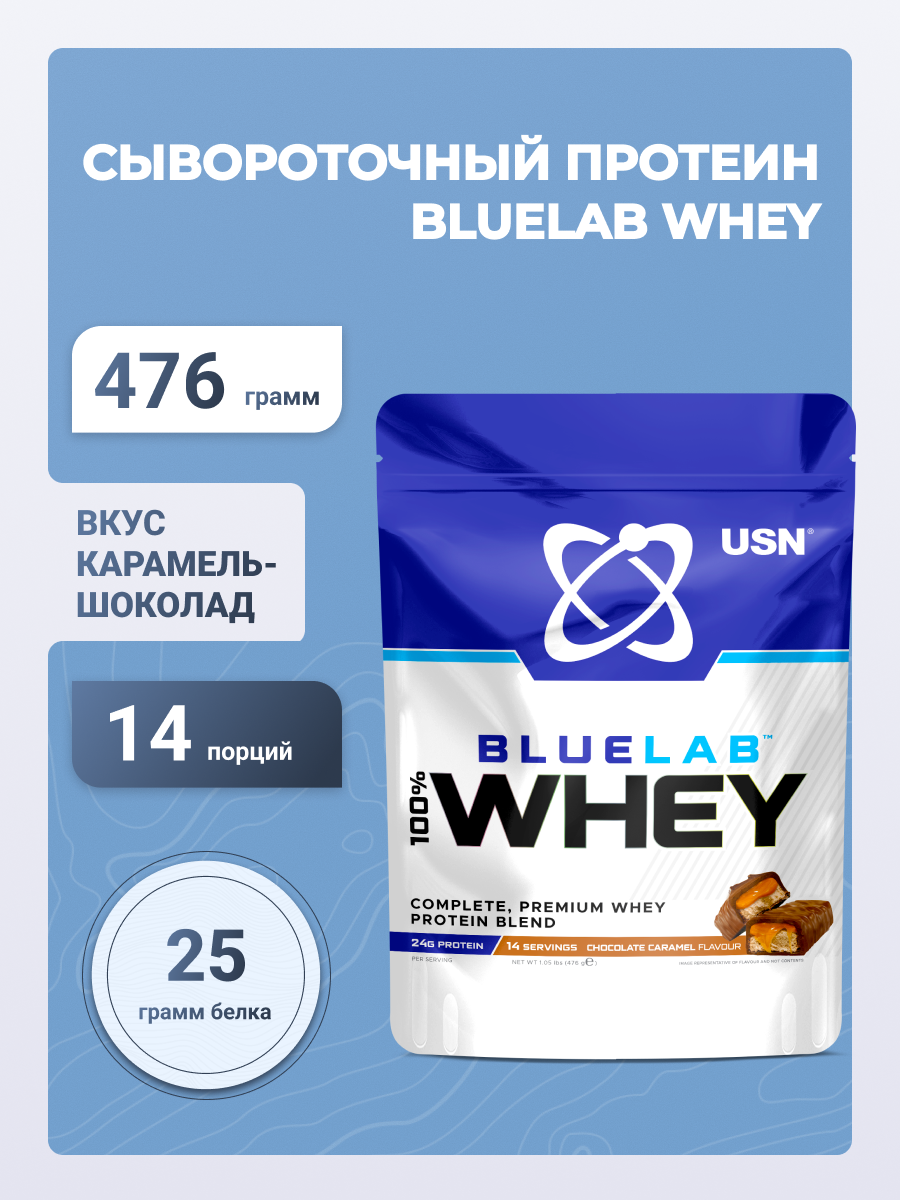 USN Сывороточный протеин Blue Lab 100% Premium Whey Chocolate Caramel 476 г, Шоколад-Карамель