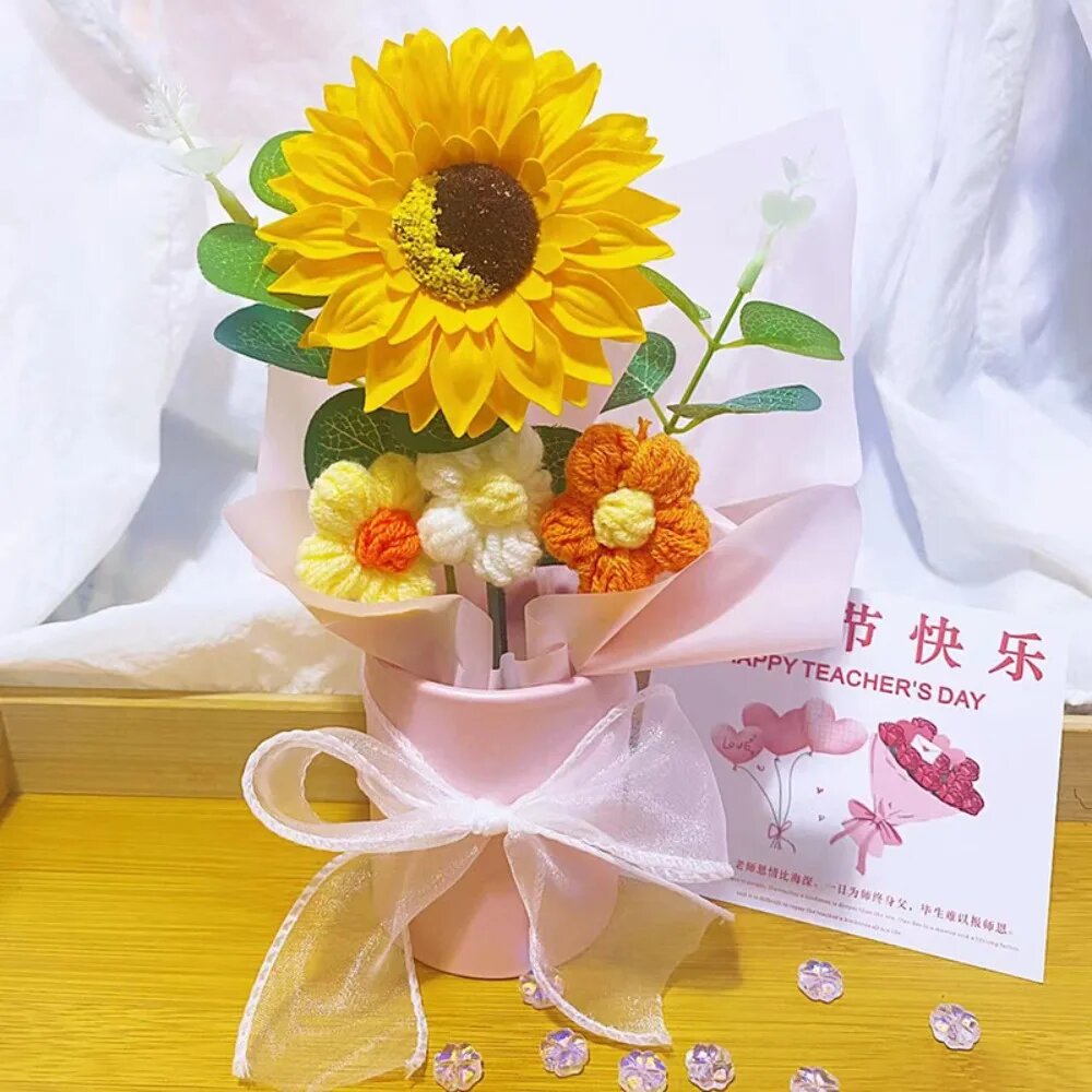 Вязаный цветок ручной работы, украшение для стола, вечный букет цветов, вязанная крючком роза, подарки на день Святого Валентина, подарки на день учителя