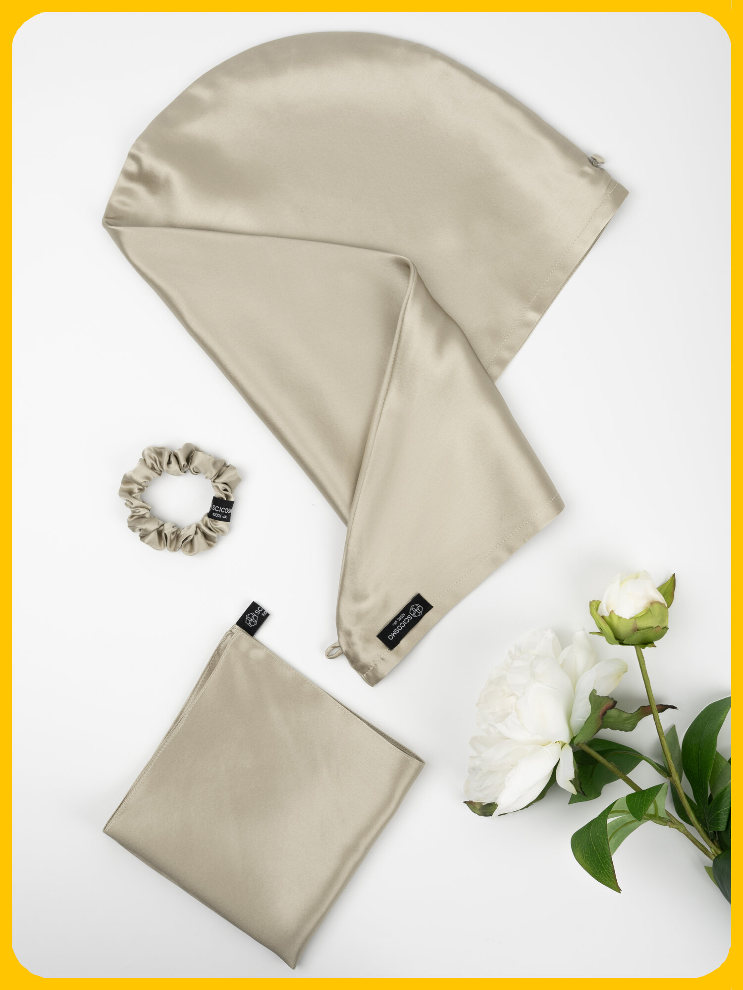 100% натуральный шёлк 22 момми/Набор: полотенце для сушки волос (тюрбан), полотенце для лица, рук, резинка 2 см/цвет шампань