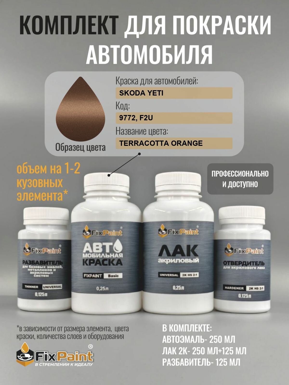 Комплект для покраски SKODA YETI, код 9772, F2U, TERRACOTTA ORANGE, базовая автомобильная краска 250 мл, лак 2K 250 мл с отвердителем, разбавитель 125 мл, FixPaint Pro