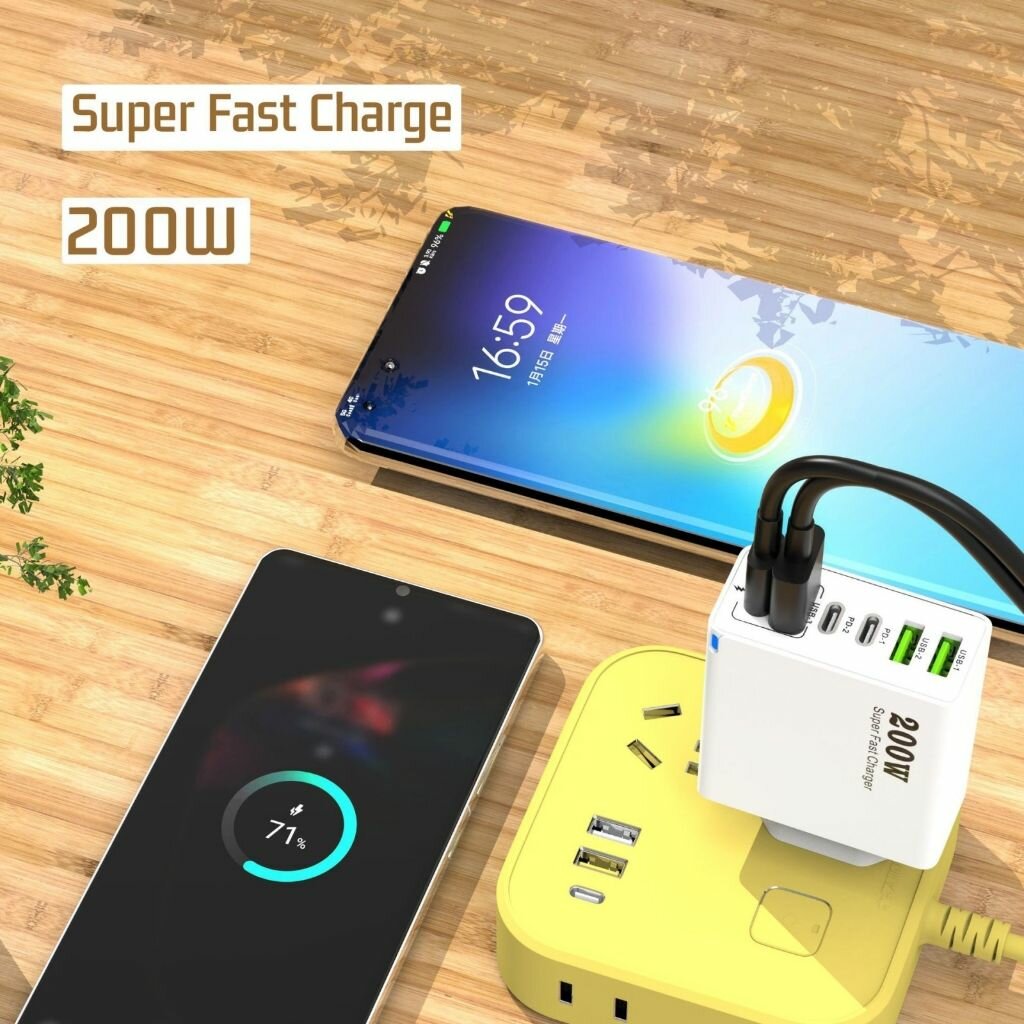 Многопортовое зарядное устройство мощностью 200 Вт 3USB + 3PD для мобильного телефона с быстрой зарядкой "шесть в одном"-Американский стандарт-белый