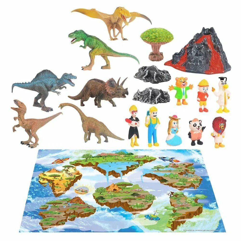 Игровой Набор С Динозаврами И Вулканом 20 Штук Для Образовательных Игр И Развития Мышления У Детей Из ПВХ