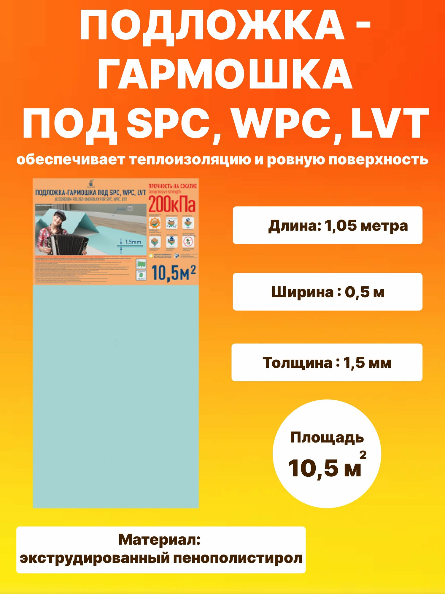 Подложка-гармошка под SPC, WPC, LVT полы Солид/SOLID 1.5 мм, зелёная, 1.05х0.5 м, экструдированный пенополистирол, шумоизоляция теплоизоляция